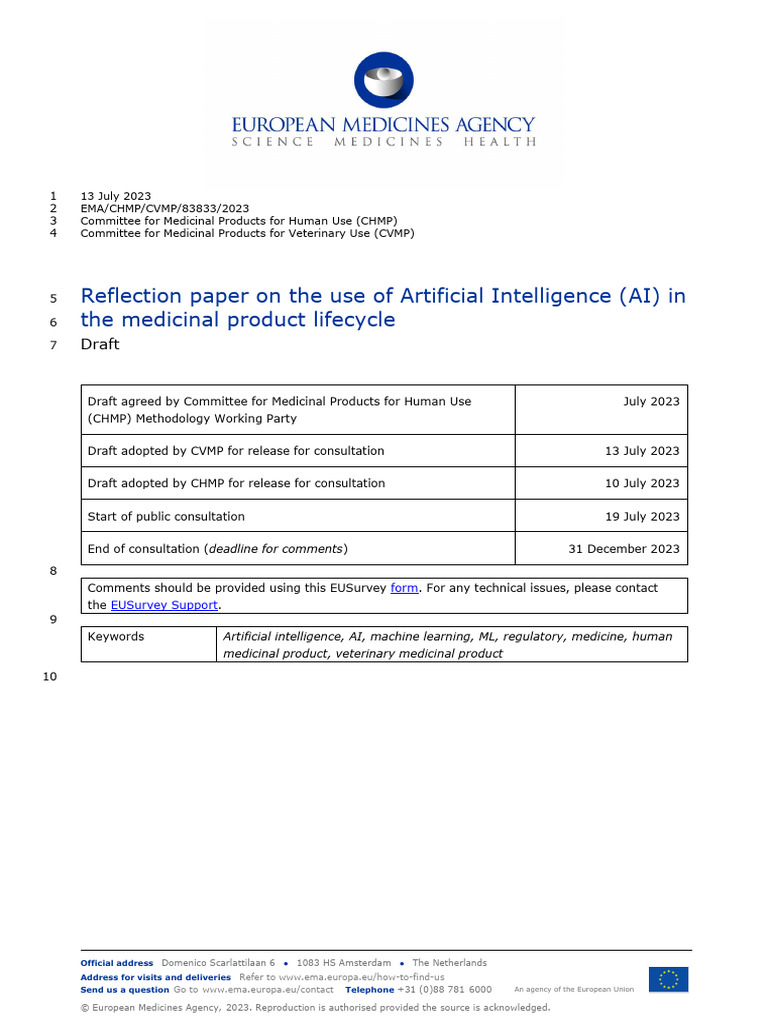 Draft Reflection Paper Use Artificial Intelligence Ai Medicinal Product ...
