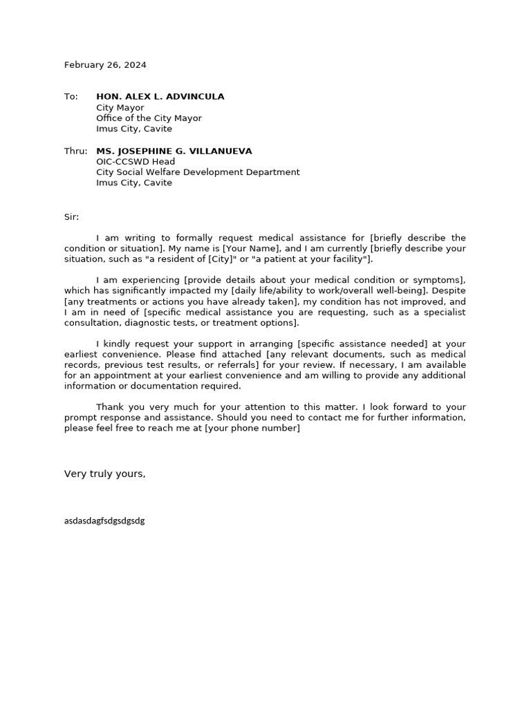 Request for Medical Assistance Letter | PDF | Self-Improvement