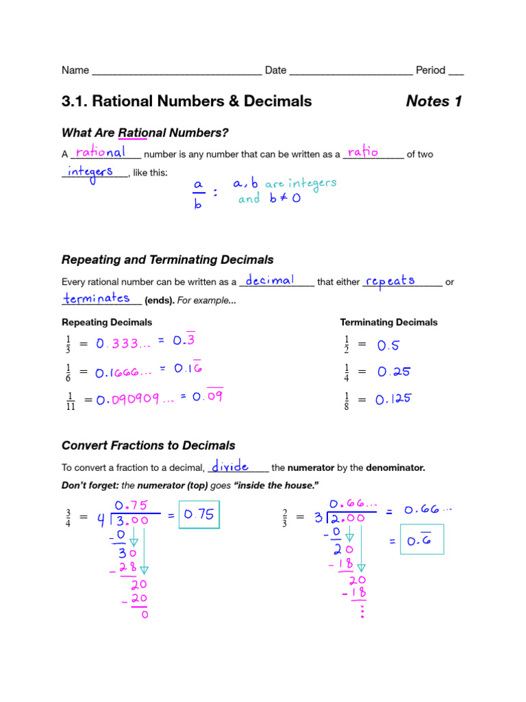 3.1. Rational Numbers & Decimals NOTES 1 KEY | PDF