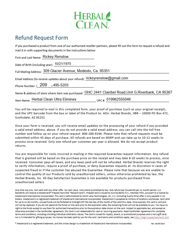 Herbal Clean Refund Form 8.5.24.PDF 1 | PDF