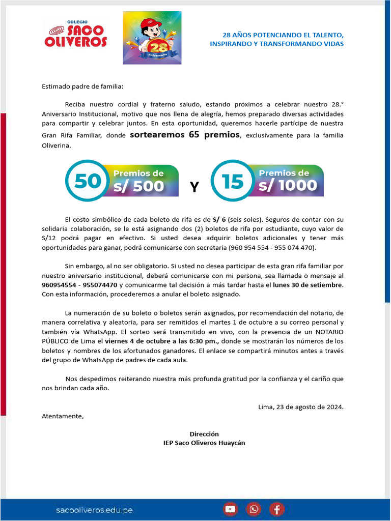 COMUNICADO Rifa 2024 | PDF