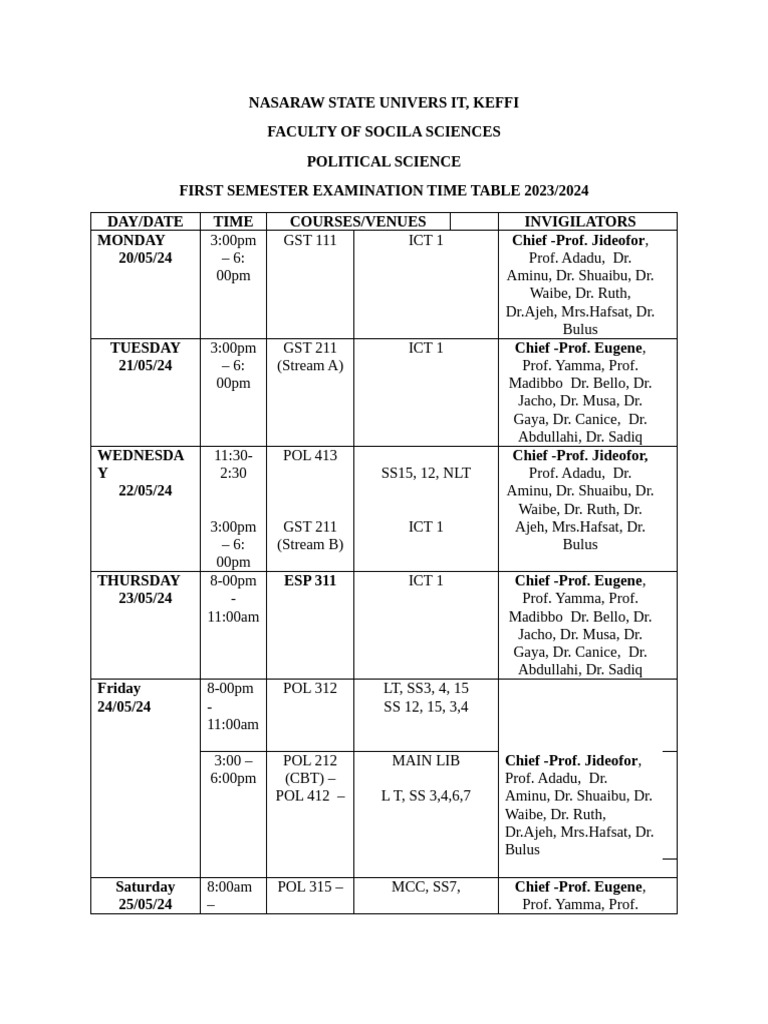 First Semester Exams Time Table (2023-2024) | PDF