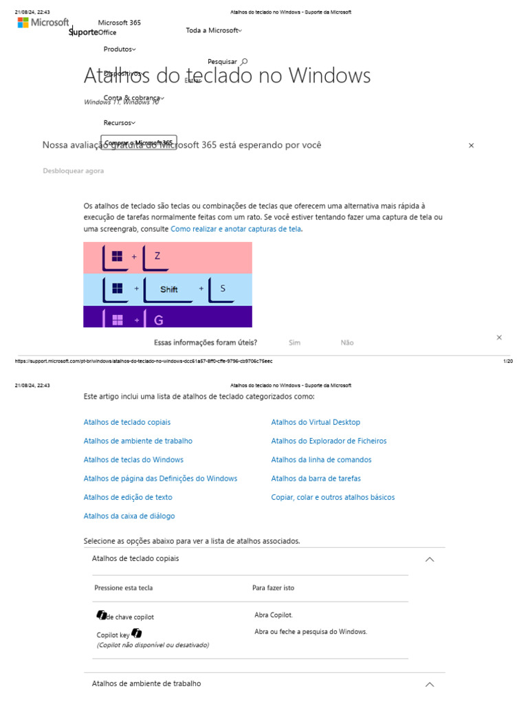 Atalhos Do Teclado No Windows - Suporte Da Microsoft | PDF