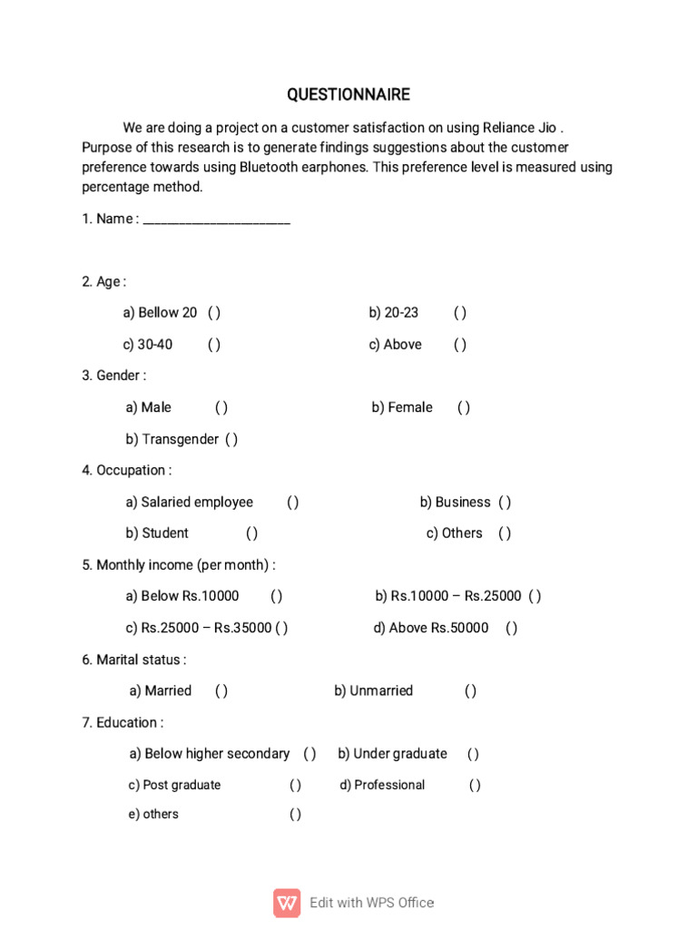 Questionnaire - Reliance Jio | PDF