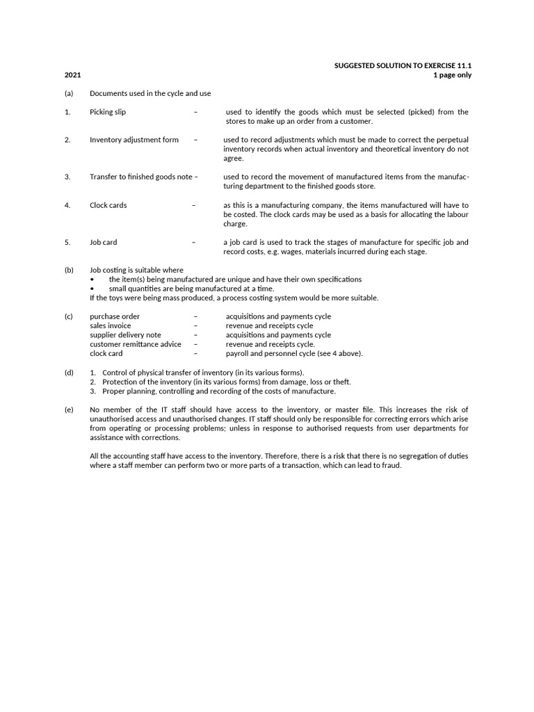 Suggested Solution To Exercise 11.1 2021 1 Page Only | PDF | Inventory ...
