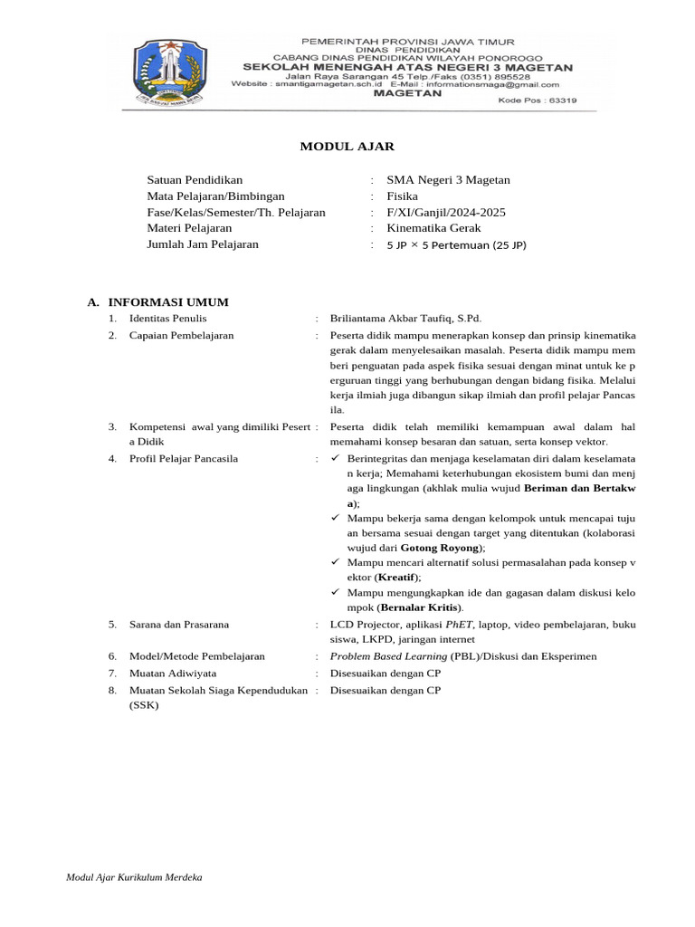 8b. Modul Ajar (F.2. Kinematika Gerak) - Fisika XI Kurikulum Merdeka | PDF 8b. Modul Ajar (F.2. Kinematika Gerak) - Fisika XI Kurikulum Merdeka | PDF