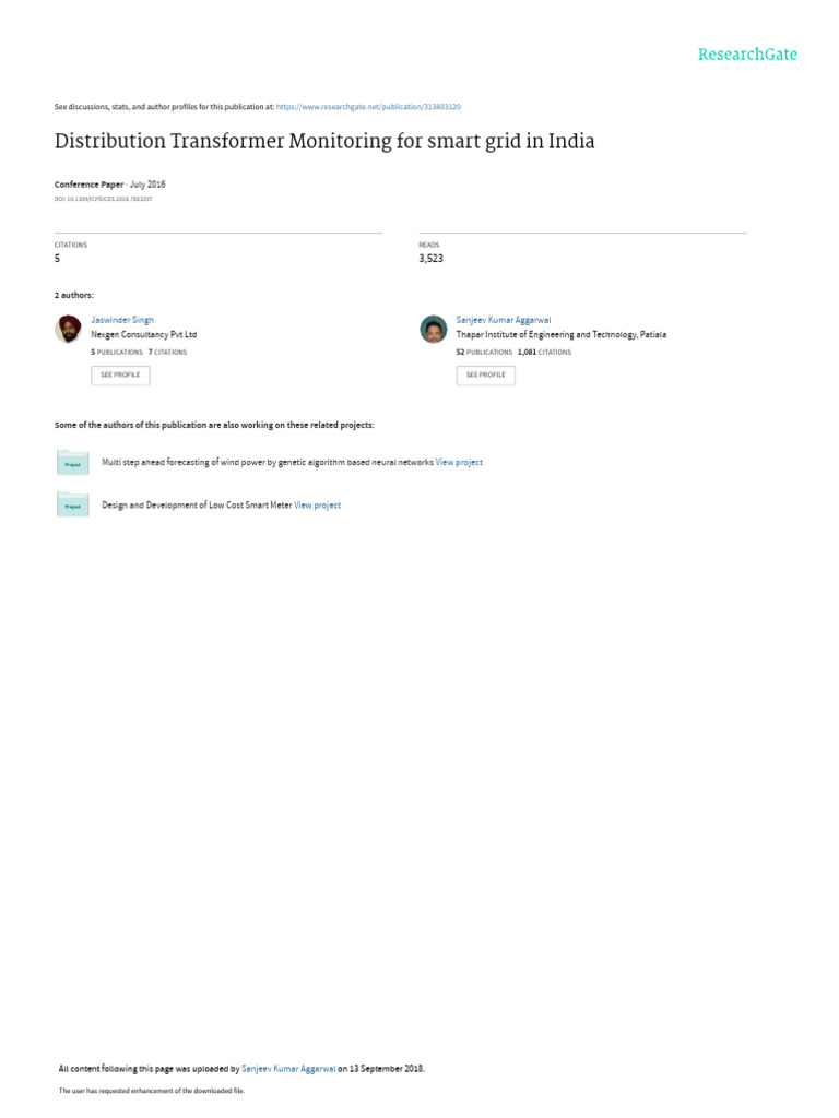 Distribution Transformer Monitoring For Smart Grid ICPEICES2016 | PDF