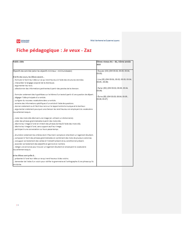 Fiche Pédagogique: Je Veux - Zaz: Public Cible Élèves Niveau B1 - B2, 5ième Année ASO | PDF