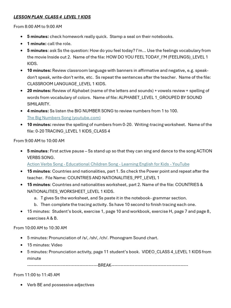 Lesson Plan - Class 4 - Level 1 Kids | PDF