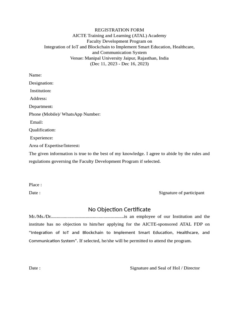 ATAL FDP Registration and NOC Form | PDF
