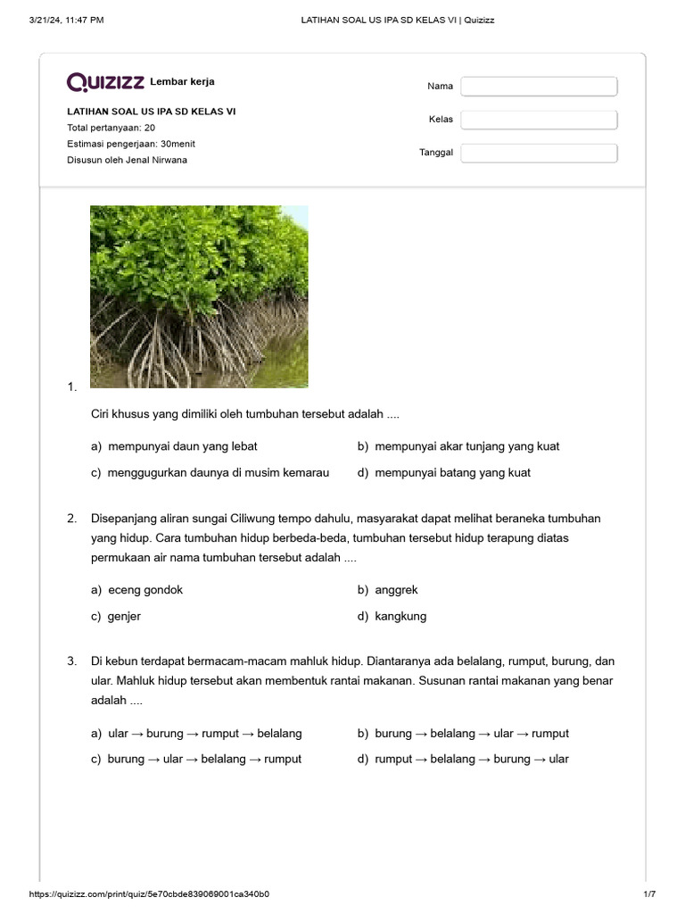 LATIHAN SOAL US IPA SD KELAS VI - Quizizz | PDF