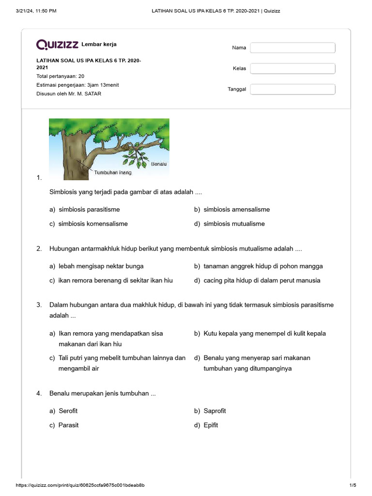 LATIHAN SOAL US IPA KELAS 6 TP. 2020-2021 - Quizizz | PDF