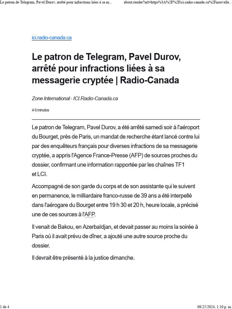 Le Patron de Telegram, Pavel Durov, Arrêté Pour Infractions Liées À Sa ...