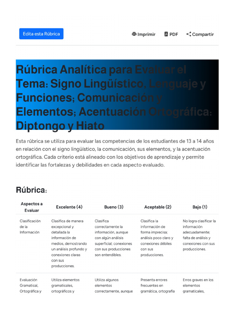 Rúbrica Analítica para Evaluar El Tema - Signo Lingüístico, Lenguaje Y ...