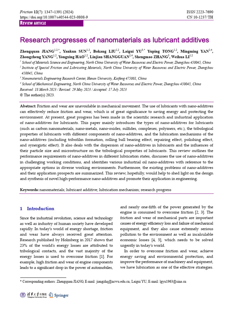 R Research Progresses of Nanomaterials As Lubricant Additives | PDF