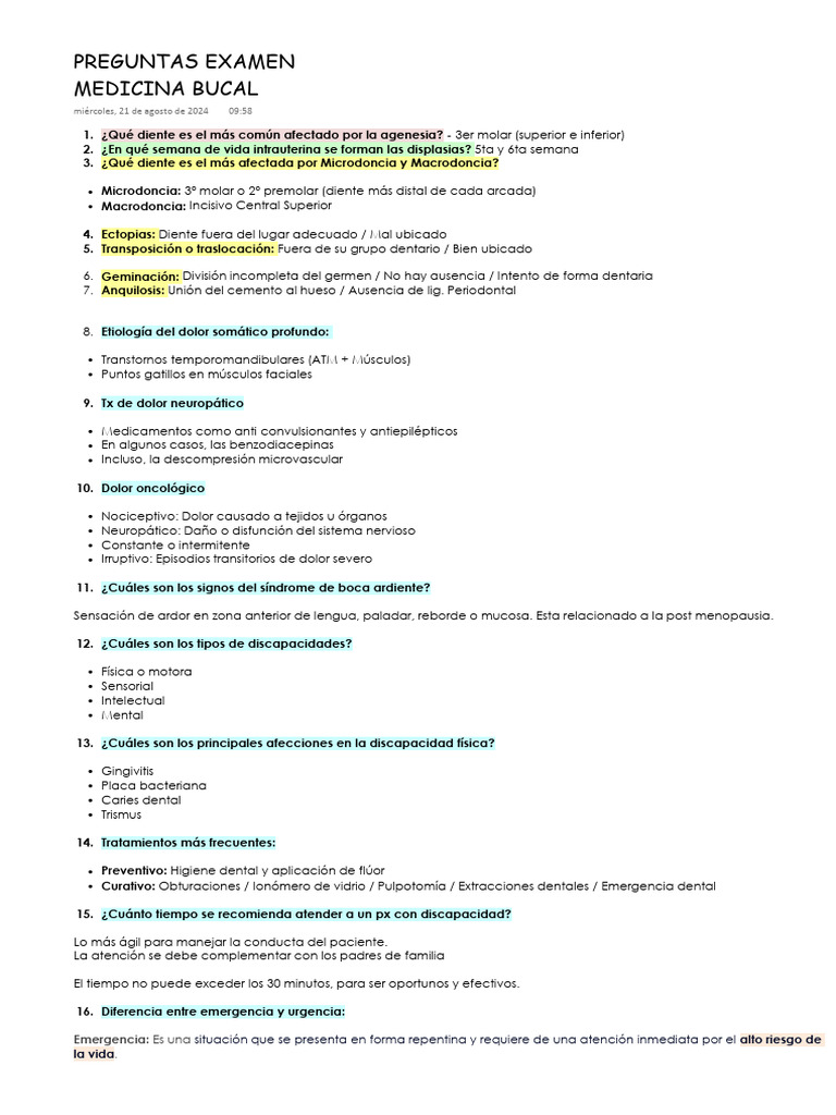Preguntas Examen Medicina Bucal | PDF