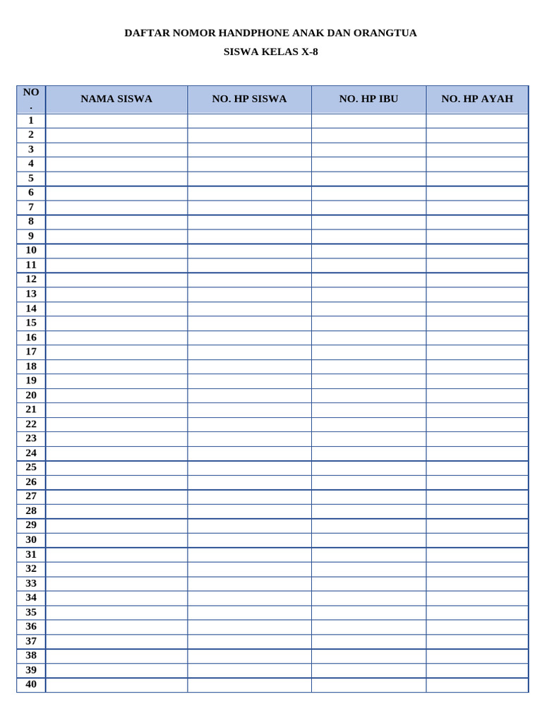 Daftar Nomor Handphone Anak Dan Orangtua | PDF