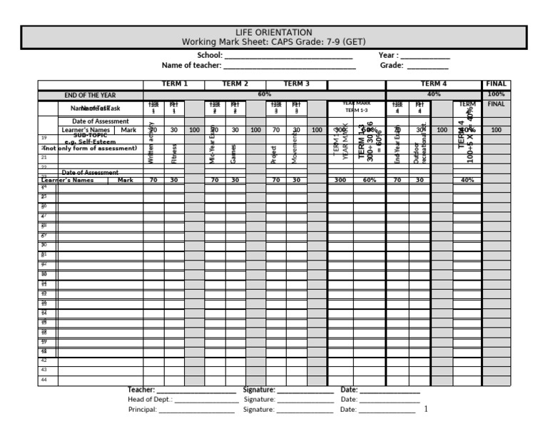 GR 7-9 Composite Working Marksheet | PDF