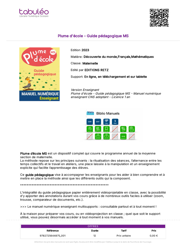 Plume D'école - Guide Pédagogique MS - Catalogue Tabuléo | PDF