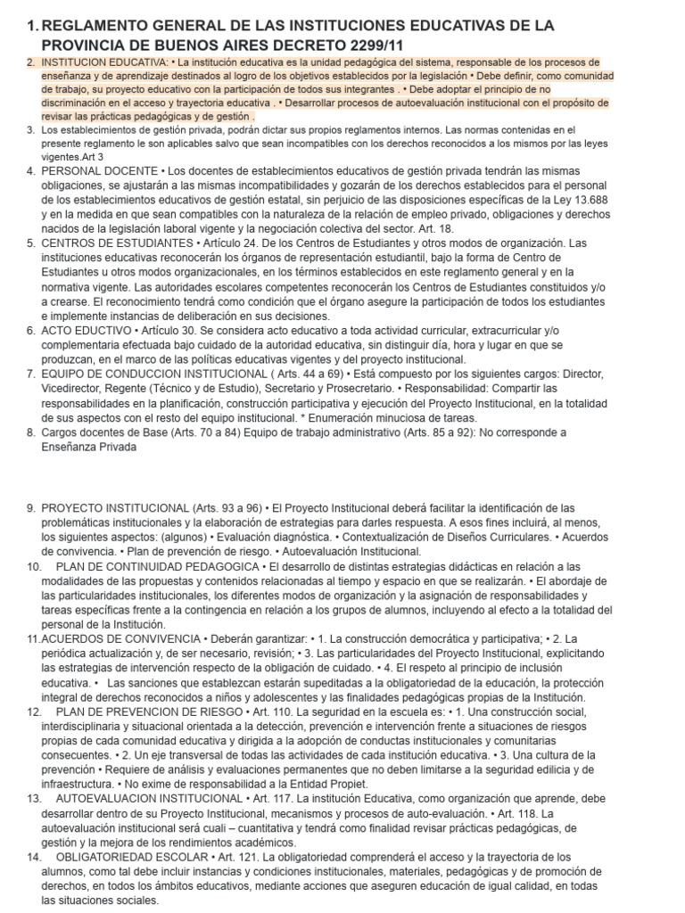Reglamento General de Las Instituciones Educativas de La Provincia de Buenos Aires Decreto 2299 ...