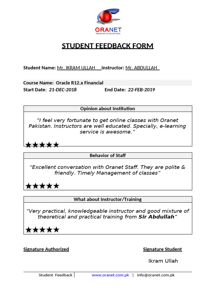 Oranet Feed Back Form | PDF