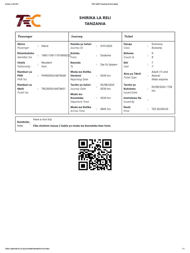TRC SGR Ticketing Online Sales Maria | PDF