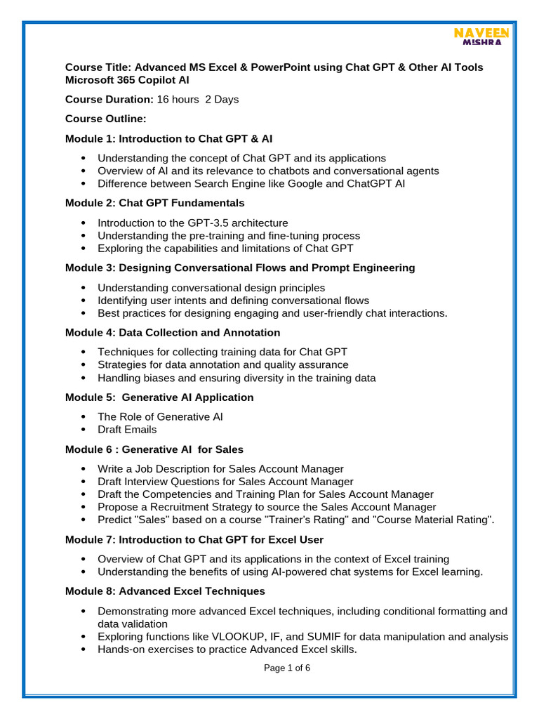 Chat GPT & Office 365 Copilot Course Outline MS Office User | PDF