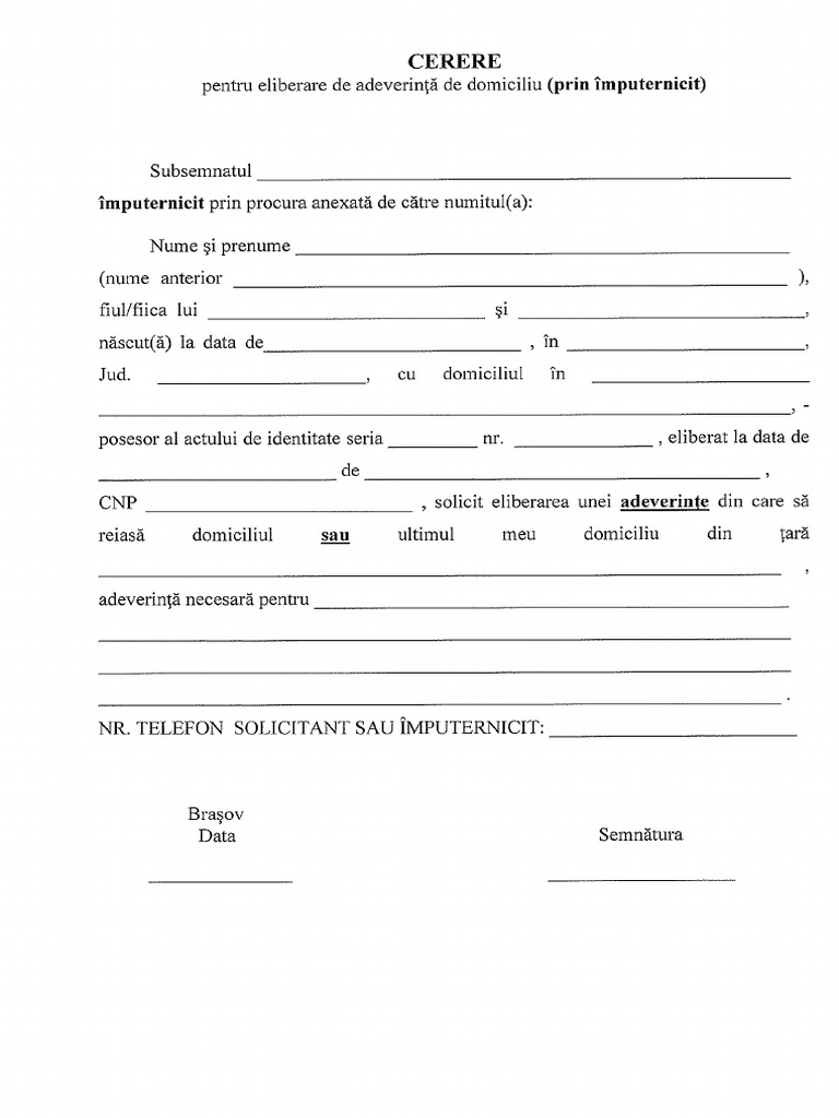 Cerere Pentru Eliberare de Adeverință de Domiciliu (Prin Împuternicit) | PDF