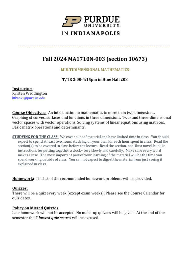 Purdue 003 Weddington SyllabusCP-MA171 Fall 2024 | PDF