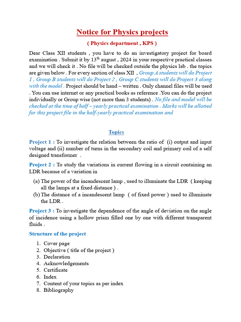 Notice For Physics Projects | PDF
