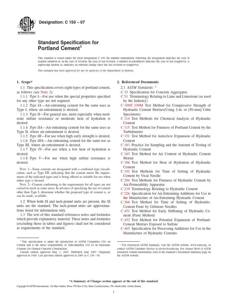 ASTM C150 07硅酸盐水泥美国标准 | PDF