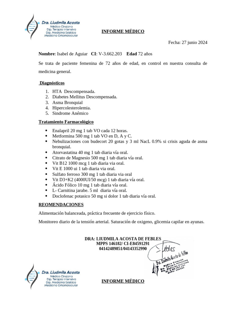 Informe Médico: Pacientes con HTA y DM | PDF | Asma | Salud y bienestar
