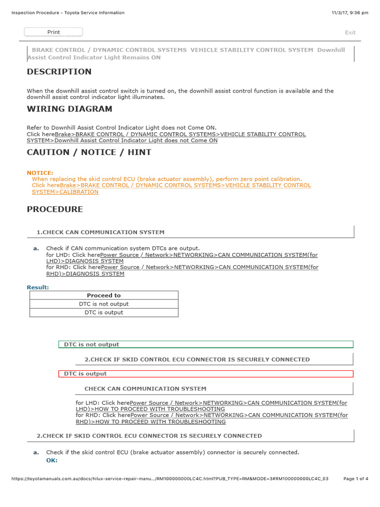 Downhill Assist Control Indicator Light Remains ON | PDF