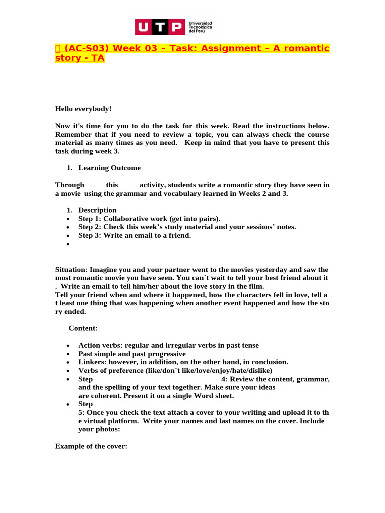 ? (AC-S03) Week 03 - Task Assignment - A Romantic Story - TA (INGLES 4) | PDF | Rubric (Academic ...