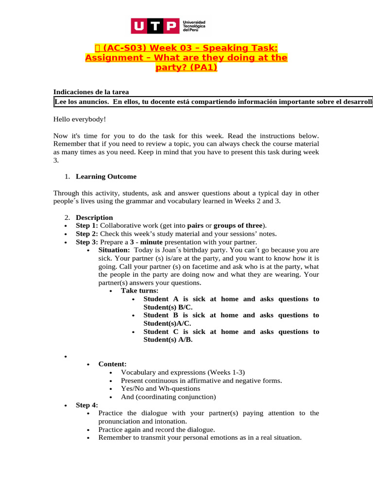 ? (AC-S03) Week 03 - Speaking Task Assignment - What Are They Doing at The Party (PA1) (INGLES 2 ...