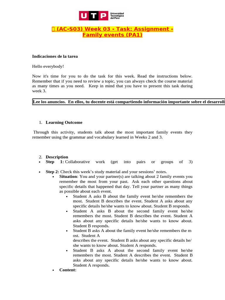 ? (AC-S03) Week 03 - Task Assignment - Family Events (PA1) (INGLES 3) | PDF | Linguistics ...