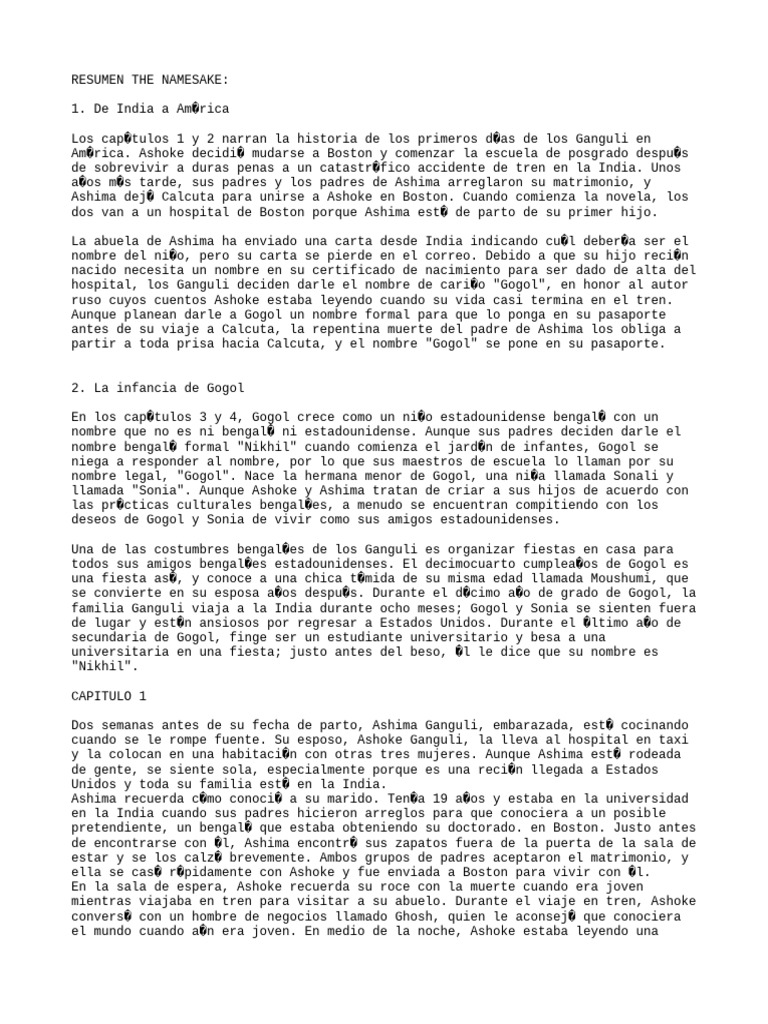 Resumen The Namesake 3 Primeros Capitulos | PDF