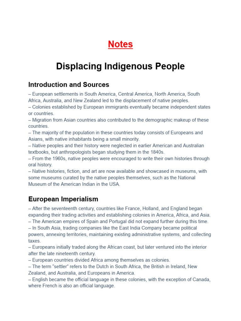 Displacing Indigenous People- Class 11(Notes) | PDF