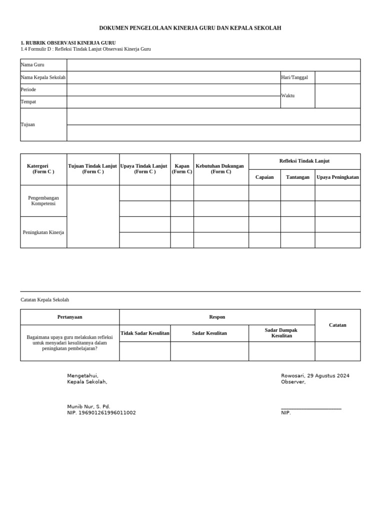 Form Observasi Guru (Form D) - Oneros | PDF