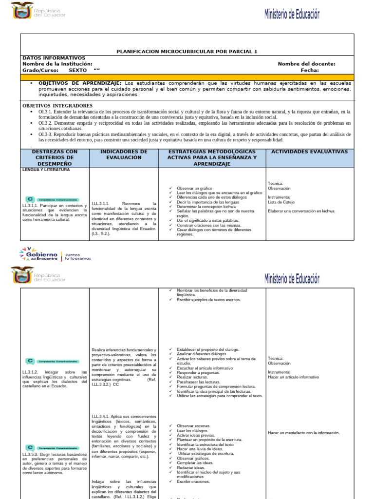 Planificacion Microcurricular Ccon Competencias 6° Grado | PDF
