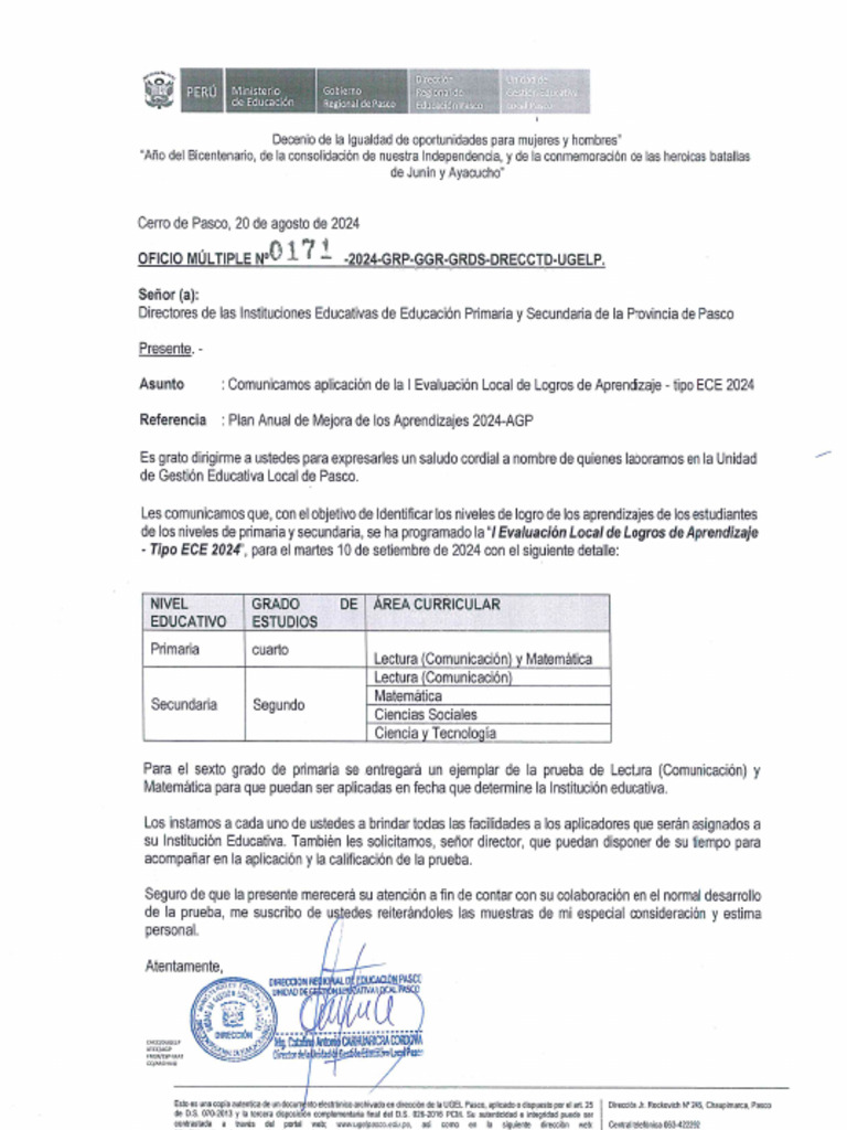 Oficio Multiple 171 Evaluacion Tipo Ece 2024 | PDF