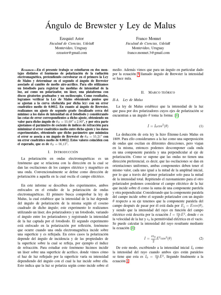Ángulo de Brewster y Ley de Malus | PDF