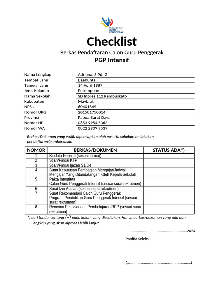 Check List Berkas PGP Intensif | PDF