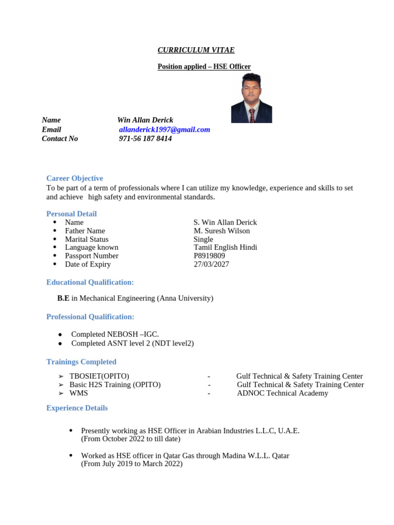 CV Win Allan Derick HSE Officer | PDF