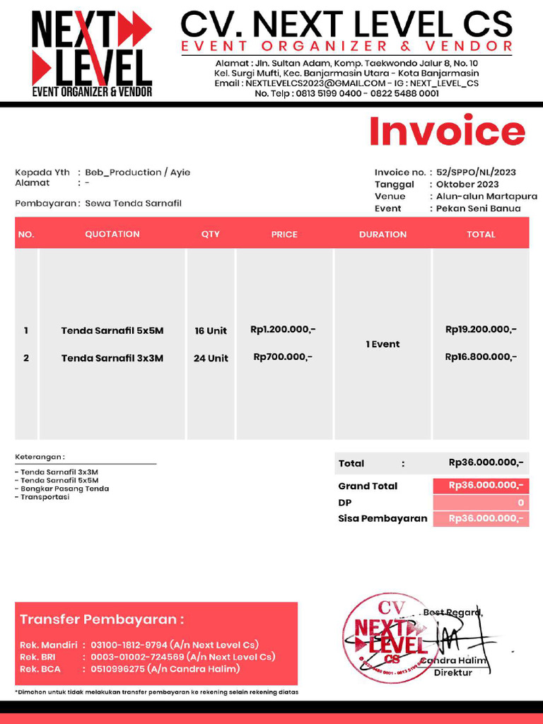 Invoice Tenda Beb Production Oktober 2023 | PDF