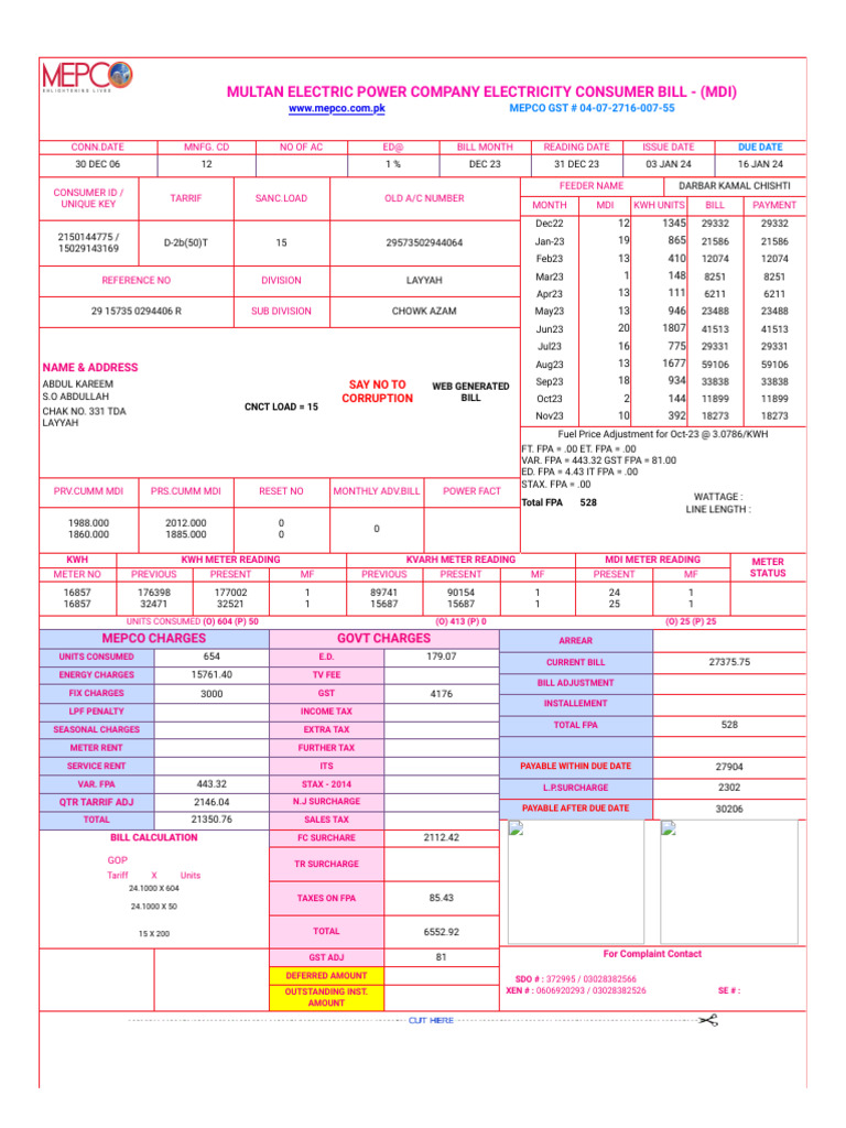 Mepco Online Bill | PDF