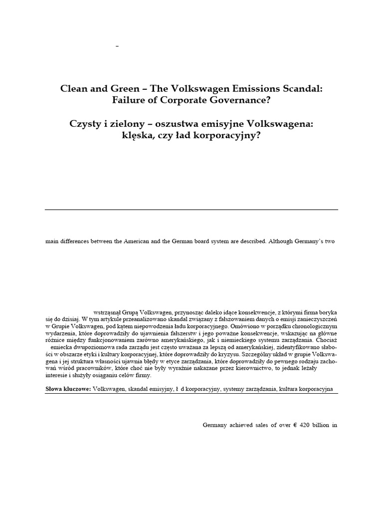 Clean and Green - The Volkswagen Emissions Scandal: Failure of ...