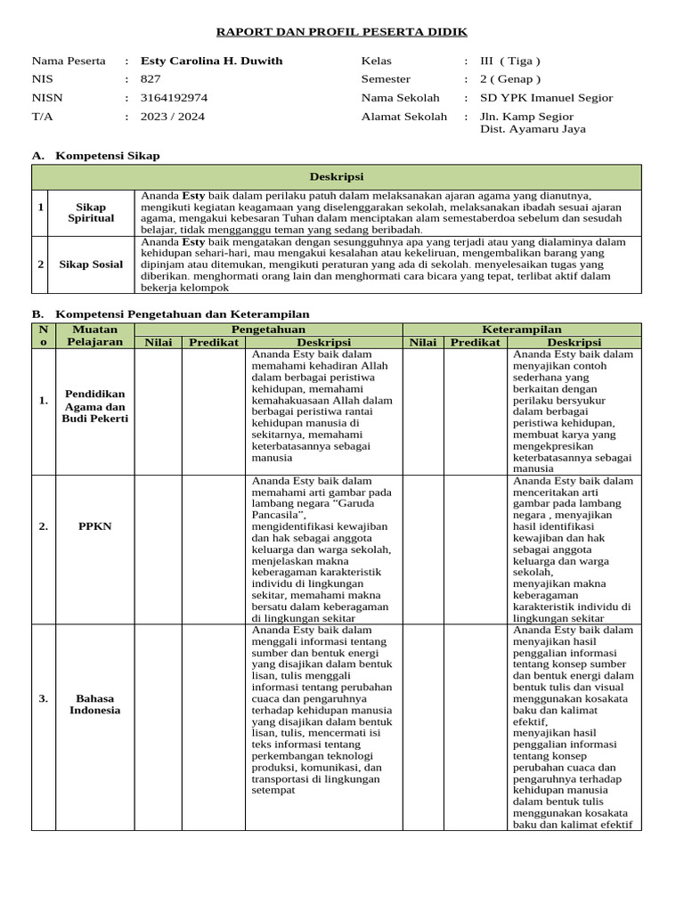 Raport Kelas 3 Sem 2 | PDF