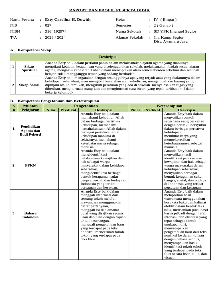 Raport Kelas 4 Sem 2 | PDF