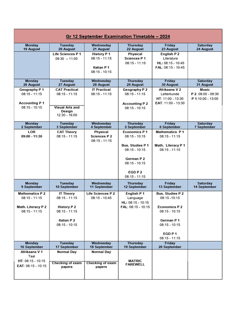 2024 GR 12 Exam Timetable Term 3 | PDF